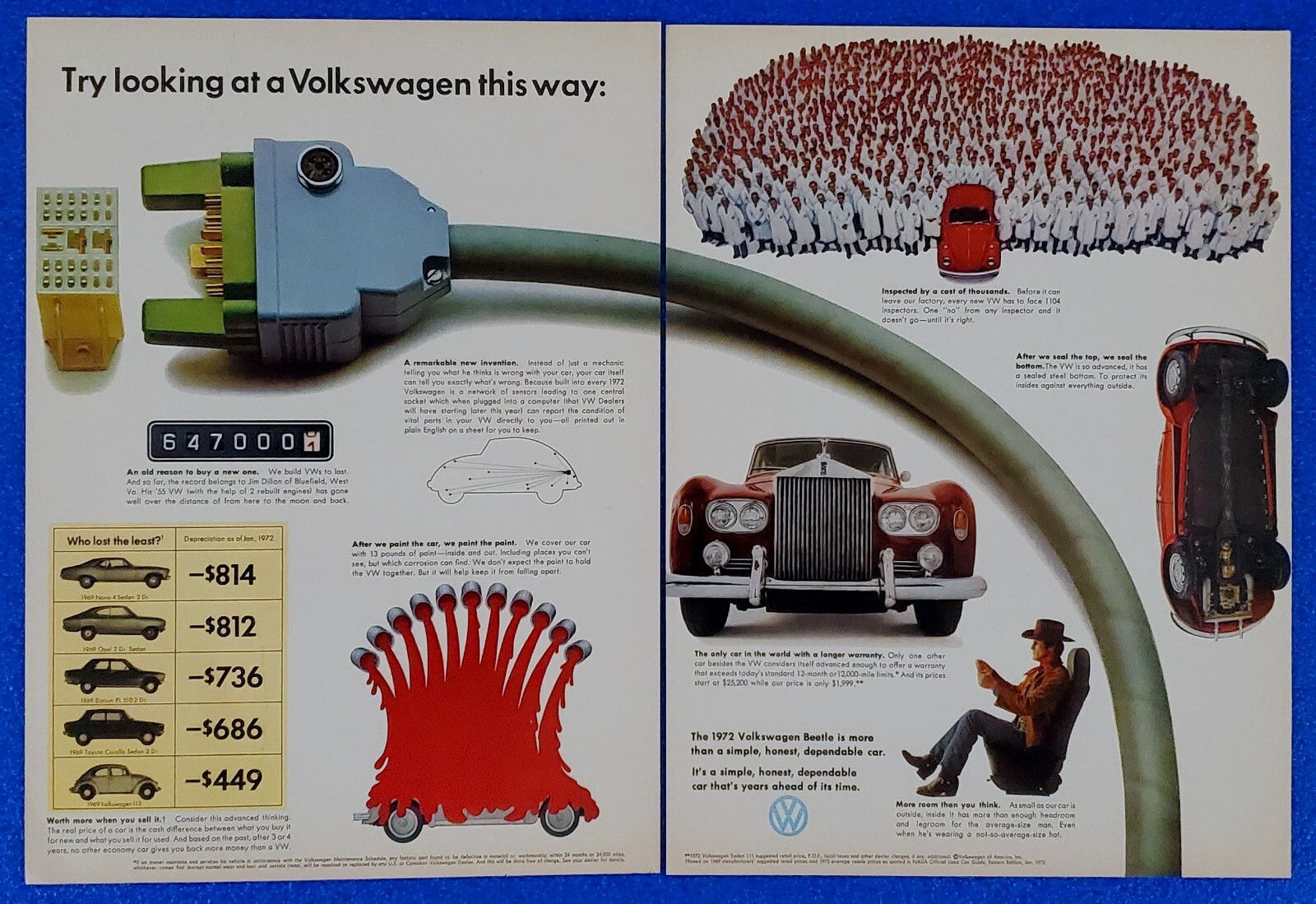 1972 VW BEETLE CLASSIC 2 PAGE PRINT AD "TRY LOOKING AT A VOLKSWAGEN ...