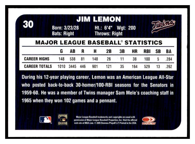 2005 Donruss 1965 Anniversary Team 30 Jim Lemon Coach Minnesota Twins ...