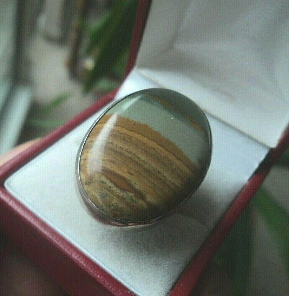 LARGE Attractive Sterling Silver & Ocean Wave Agate Ring h/M 1981 ...