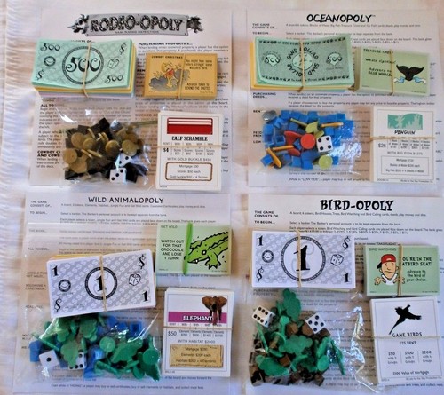 4 opoly Game Pieces ~ Ocean, Bird, Rodeo, Animal ~ Deeds Cards Money ...