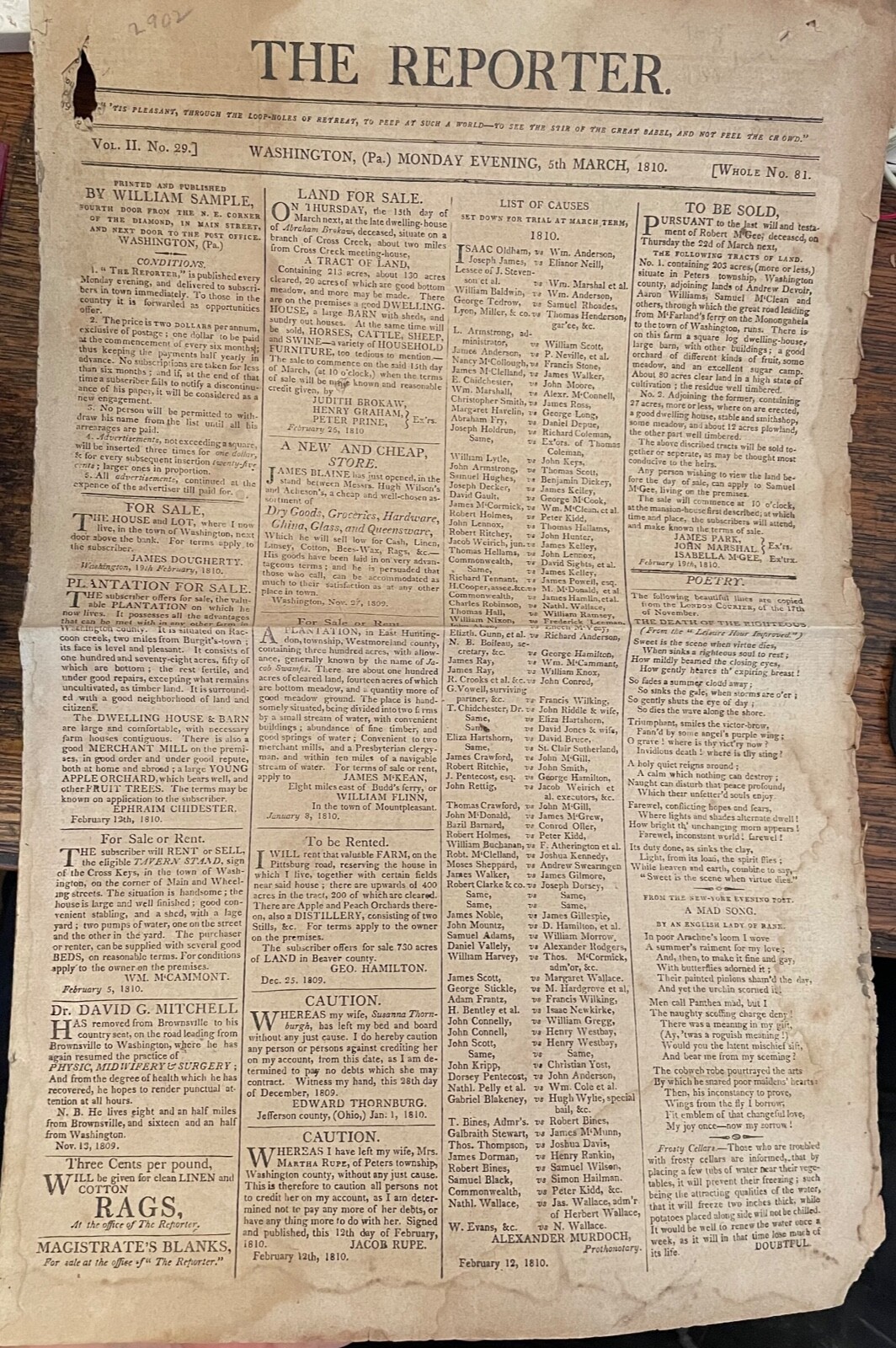 1810 THE REPORTER Washington PA early Newspaper THOMAS PAINE ...
