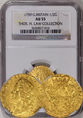 Great Britain 1759 George II Gold 1/2 Guinea NGC AU-55, Ex-Thos. Law ...