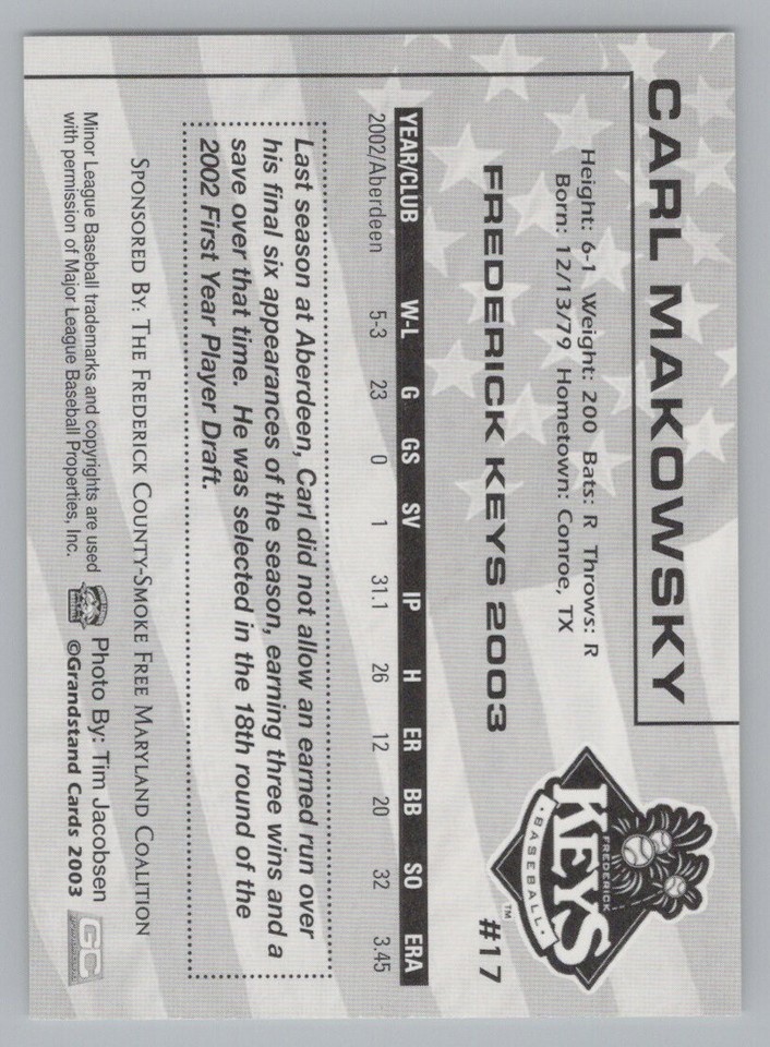 Carl Makowsky 2003 Grandstand Frederick Keys No Smoking | eBay