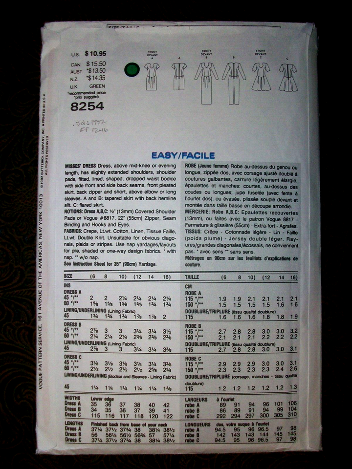 Vogue Vintage 90s Pattern 8254 Evening or Mid-Knee Fitted Dress ...