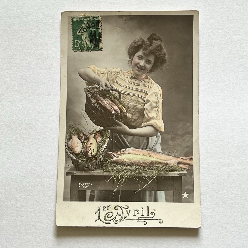 Vintage RPPC Postcard Beautiful French Woman Holding Fish April Fools ...