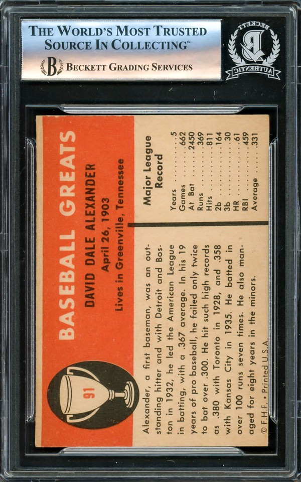Dale Alexander Autographed 1961 Fleer Card #91 Detroit Tigers Beckett ...