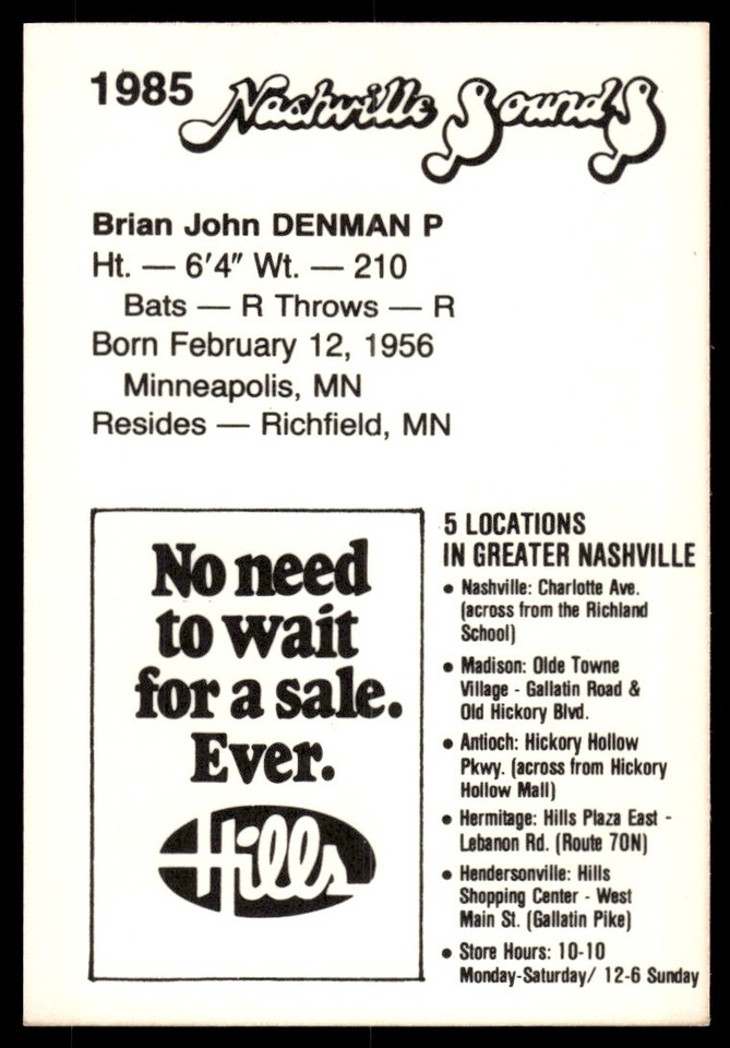 1985 Hills Nashville Sounds Brian Denman Nashville Sounds #NNO | eBay