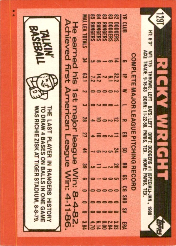 1986 Topps Traded Ricky Wright Baseball Cards #129T | eBay