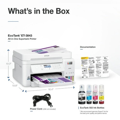 Epson EcoTank ET-3843 Wireless Color All-in-One Printer (C11CJ61205 ...
