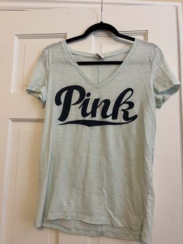 VICTORIAS SECRET PINK GRAPHIC CURSIVE "PINK" VNECK Size S Mint Green ...