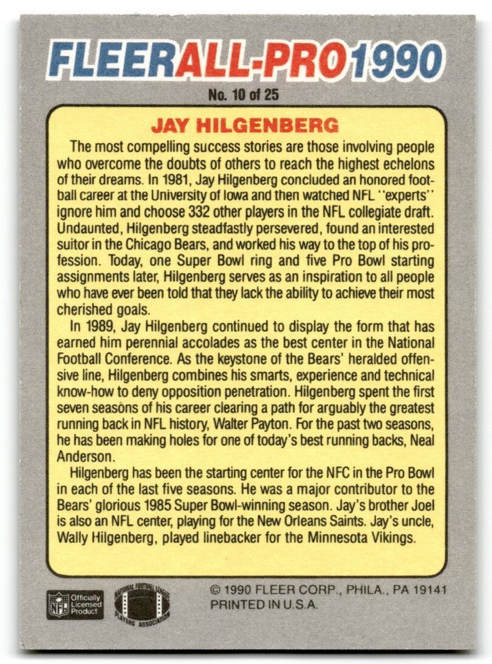 1990 Fleer All-Pro Jay Hilgenberg Chicago Bears #10 | eBay