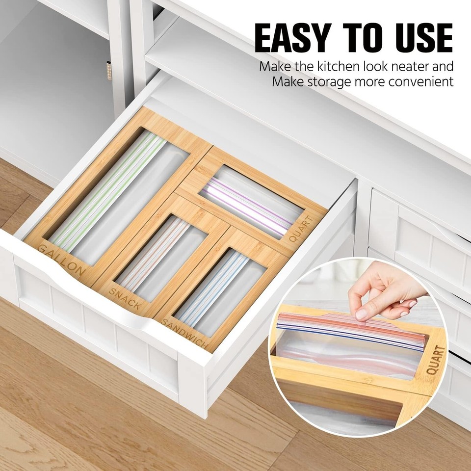Bamboo Zip Bag Organizer f/Drawer 4 Separate Holder Gallon Quart ...