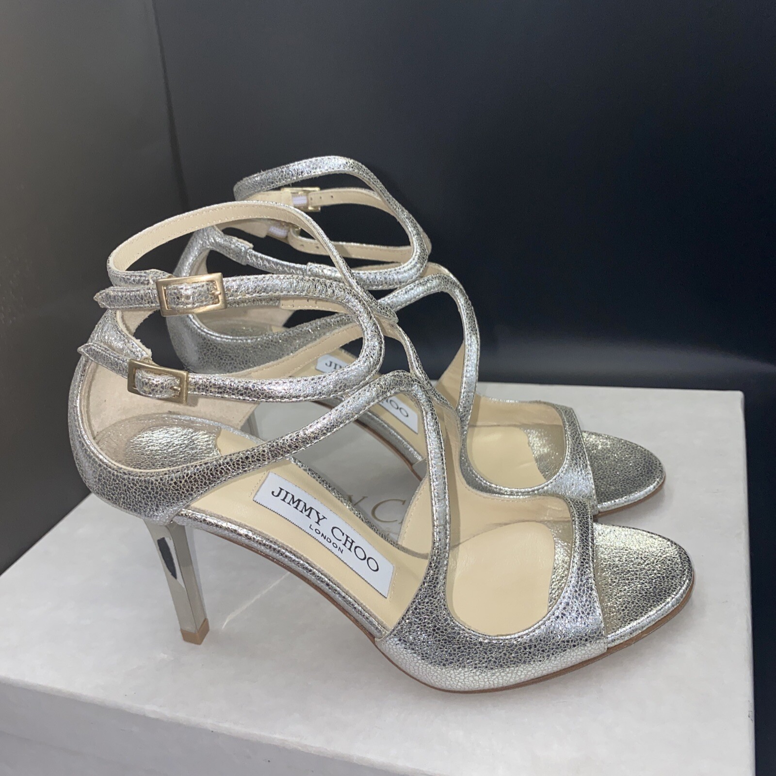 JIMMY CHOO 'ivette' Silver Champagne sandals Heels Strappy UK 1.5 Eu34 ...