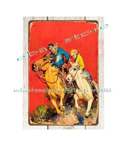 1883 cowboy cowgirl horse painting DOMINGO PERICONI metal tin sign ...