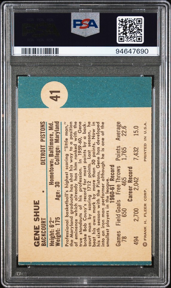 1961 FLEER Basketball Gene Shue #41 PSA MINT 9 (MC) | eBay