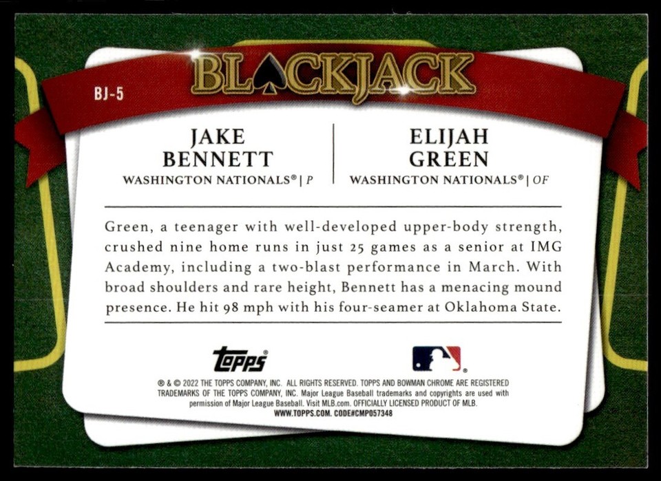 2022 Bowman Draft Baseball Blackjack Elijah Green/Jake Bennett Rookie ...