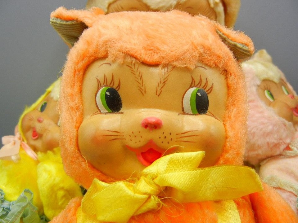 Vintage RUSHTON Plush Rubber Vinyl Molded Face *Mama Cat & 3 Kittens w ...