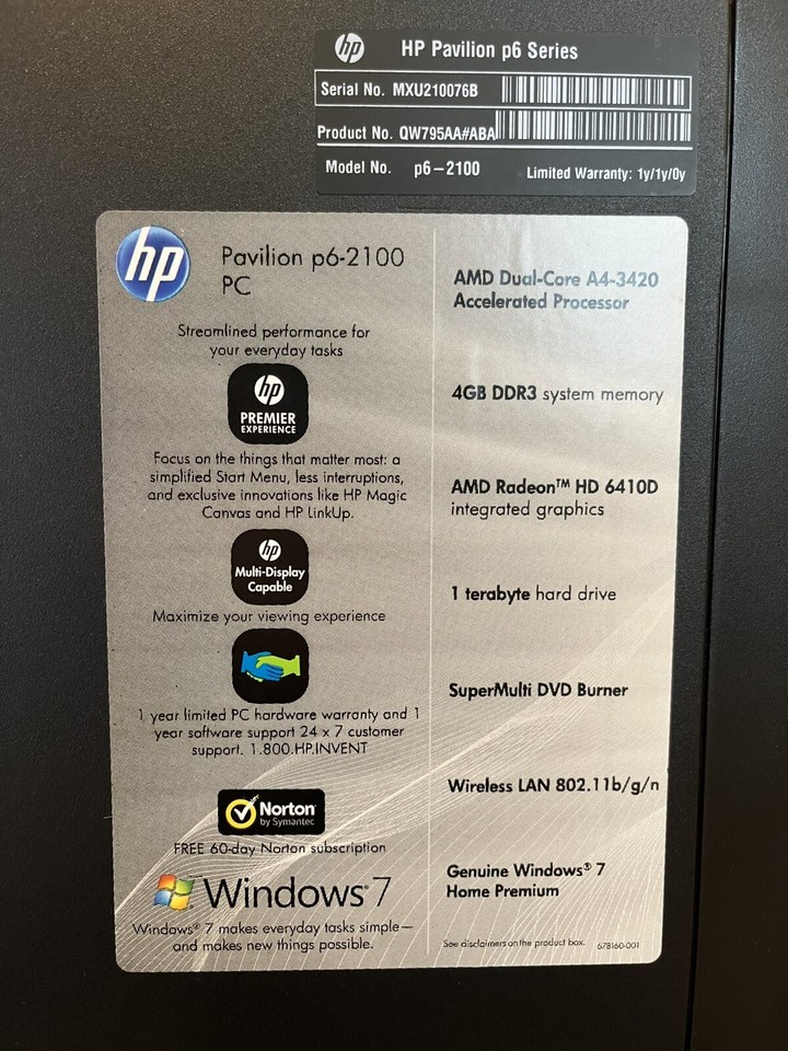 HP Pavilion p6-2100 PC (1TB HDD, 4GB RAM, AMD A4-3420 Dual-Core 2.80GHz ...