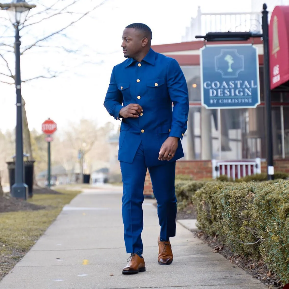 Blue Men's Safari Jacket Formal Business Wedding Groom Tuxedo Hosting ...