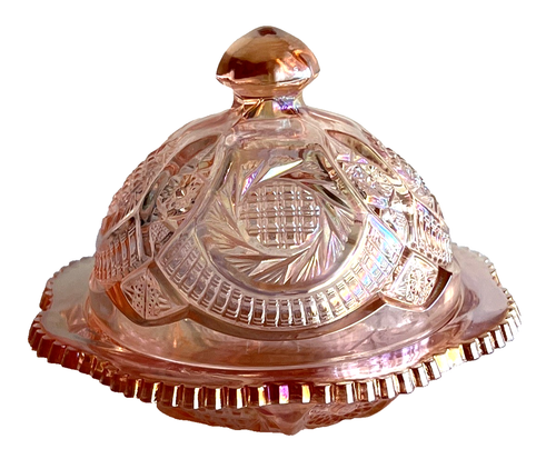 Carnival Glass Sunburst Pinwheel Round Covered Butter Dish Peach Luster ...
