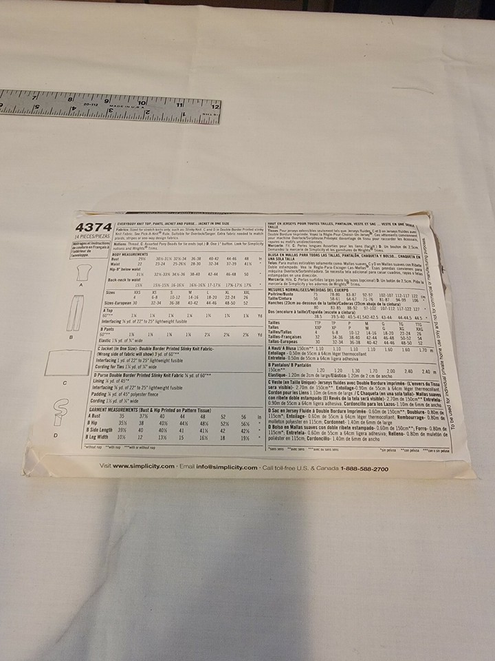 Simplicity Pattern #4374 Patty Reed Designs Top Pant Jacket Purse BB M ...