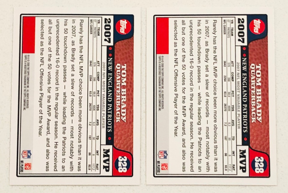 (2) Tom Brady 2008 Topps Football NFL MVP NM-MT Card Lot #328 | eBay