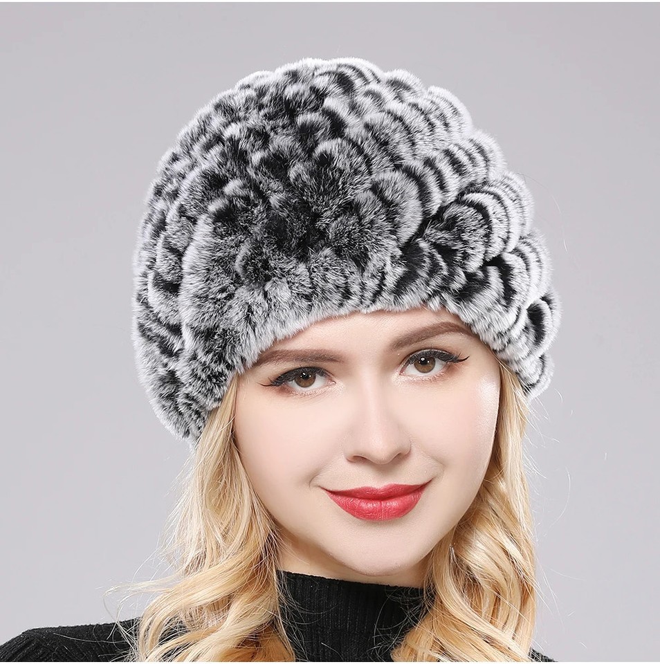 Snow Cap Winter Knit Women Beanies Hat Fluffy Hat Real Rex Rabbit Fur ...