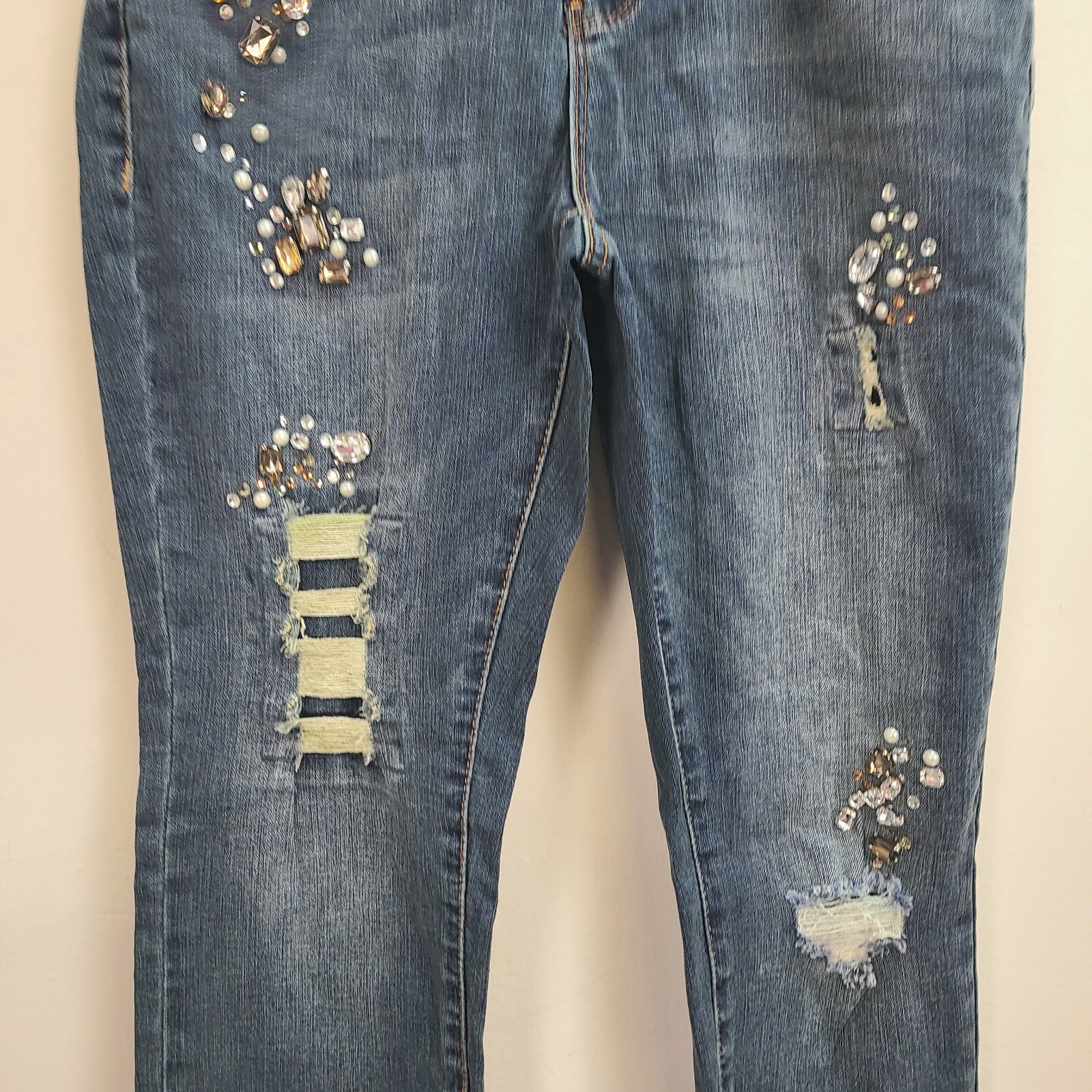 Ruff Hewn Jeans Women 4 Blue Distressed Bling Raw Hem Stretch Denim | eBay