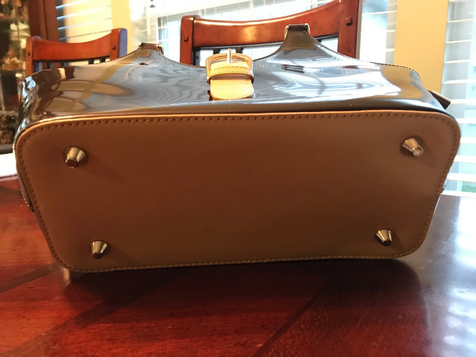 BEIJO Shiny Chocolate Brown, Tan Trim Dual-Handle Shoulder Bag Medium ...