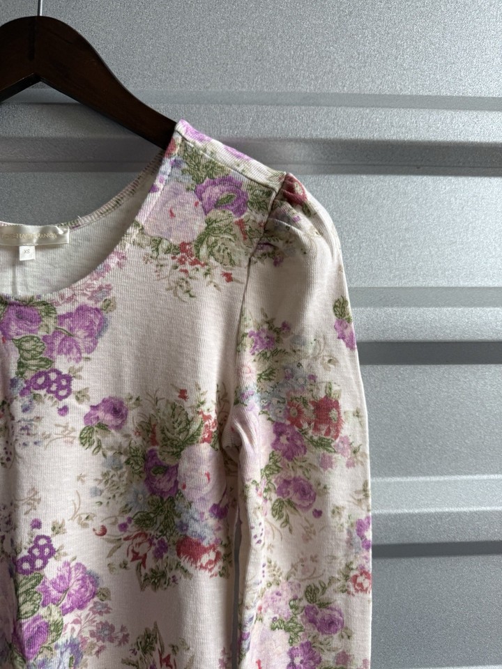 LoveShackFancy Lisa Floral Pink Purple Midi Ribbed Stretch Long Sleeve ...