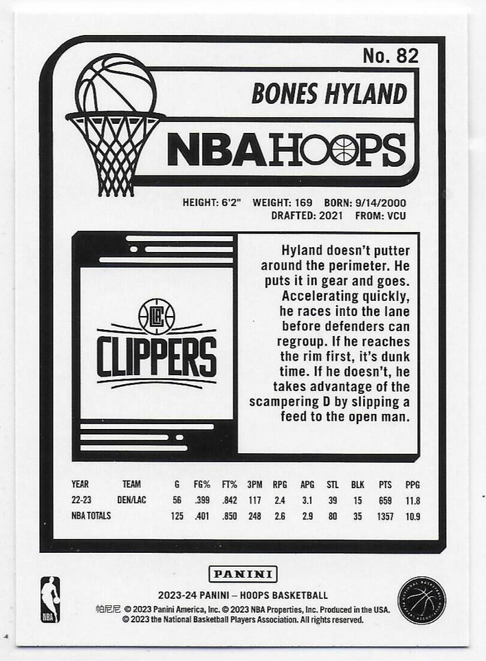 2023-24 Hoops #82 Bones Hyland - Los Angeles Clippers | eBay