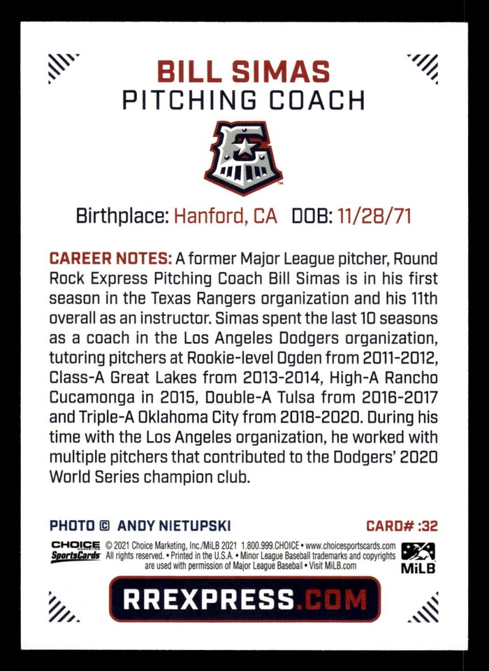 Bill Simas 2021 Choice Round Rock Express #32 Round Rock Express | eBay