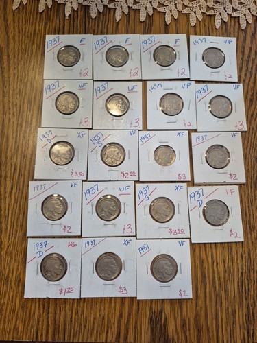 Lot Of 19 1937 P,D&S Buffalo Nickel Coin Collection. Many High Quality ...