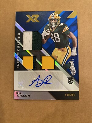 2020 PANINI XR AJ DILLON ROOKIE TRIPLE SWATCH AUTOGRAPHS /49 PACKERS RC ...
