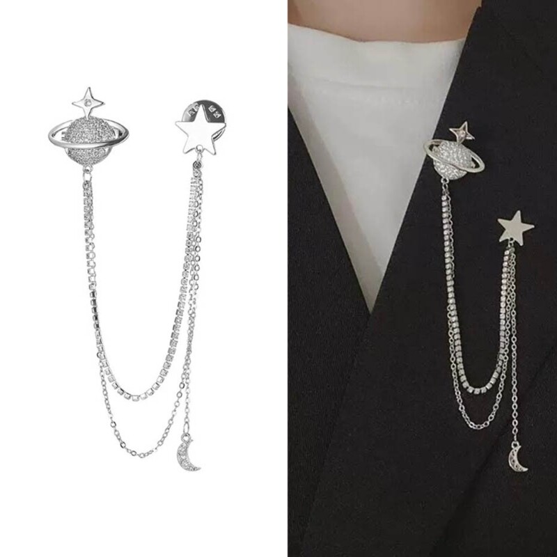 Chic Men s Lapel Pin Adornment with Crystal Planet Tassels and ...