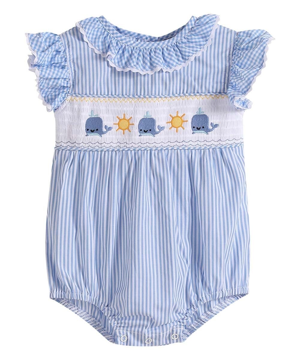 Lil Cactus Toddler Girl Blue Striped One Piece Whale Smocked Romper ...