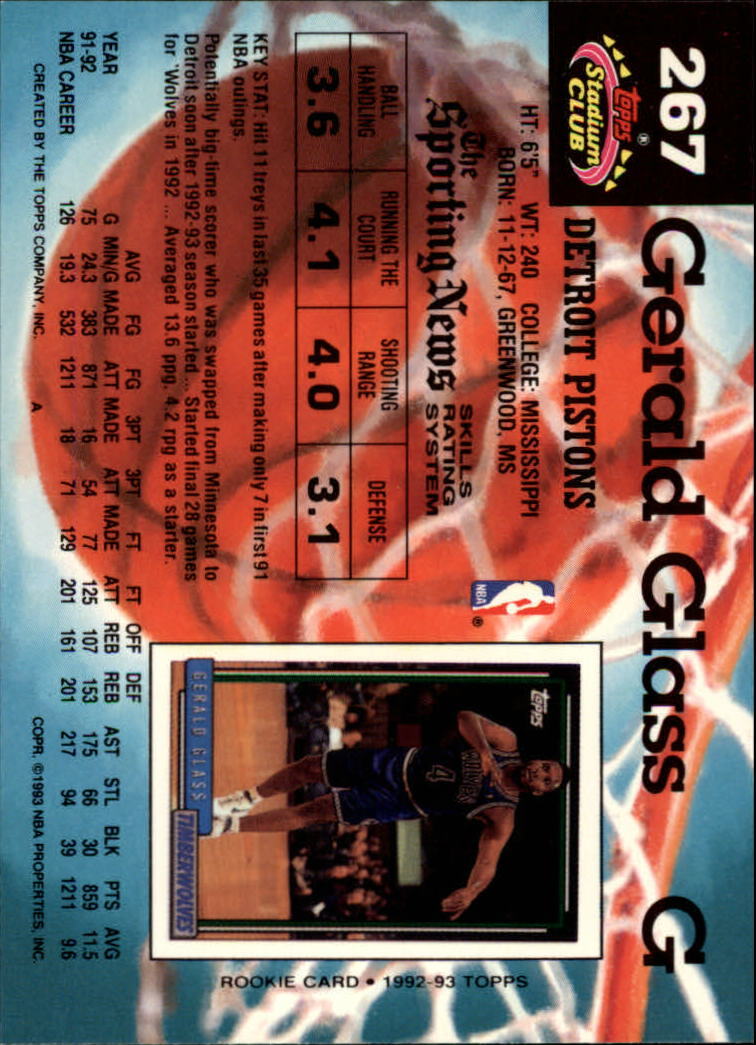 1992-93 Stadium Club Detroit Pistons Basketball Card #267 Gerald Glass ...