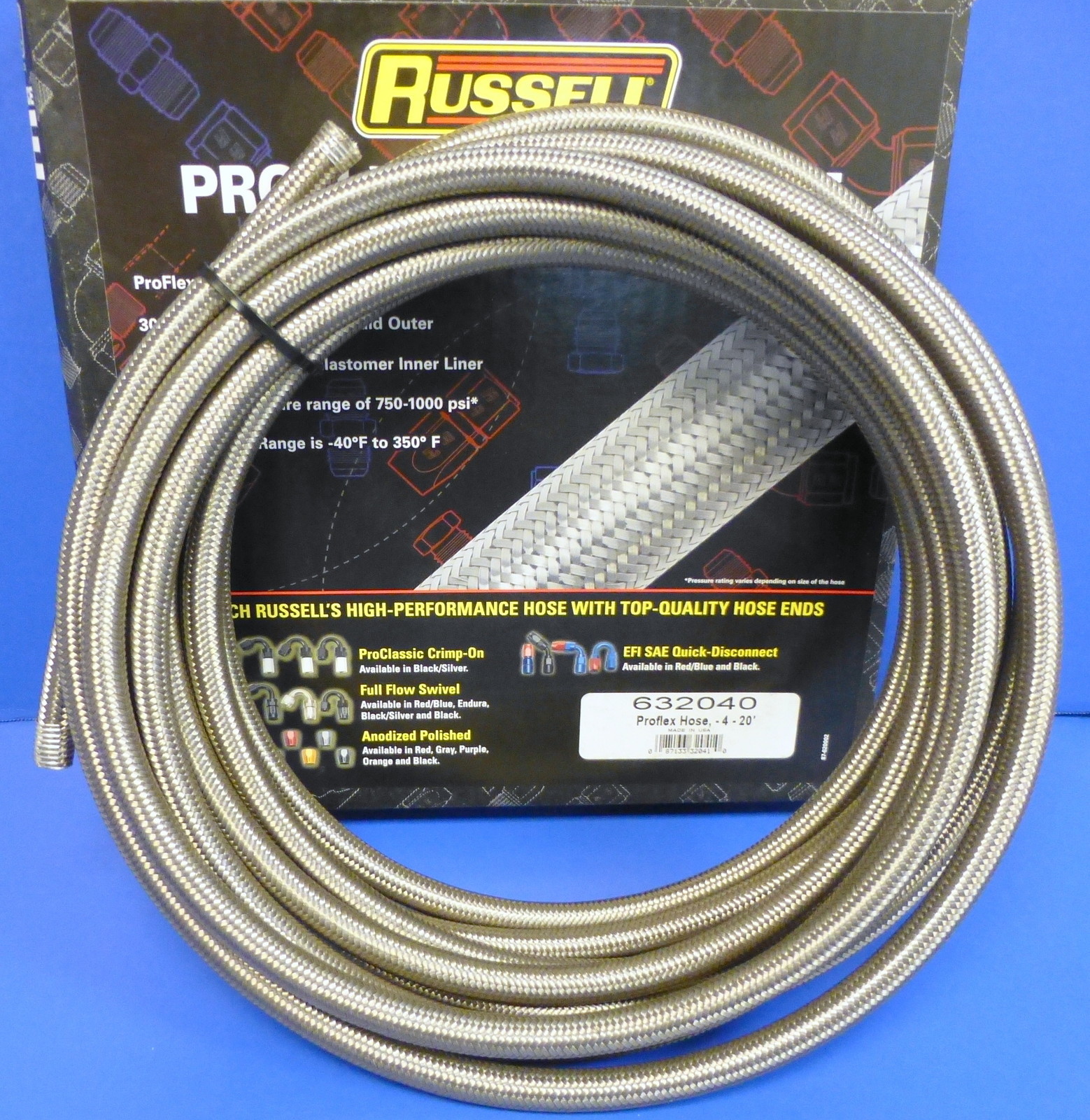 Russell 632040 ProFlex Braided Stainless Steel Hose - 4 AN 20' Fuel Oil ...