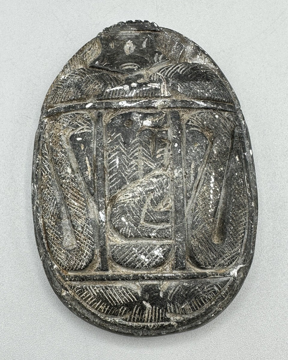 Ancient Egyptian Scarab Beetle Carved Vintage White Soapstone Carved