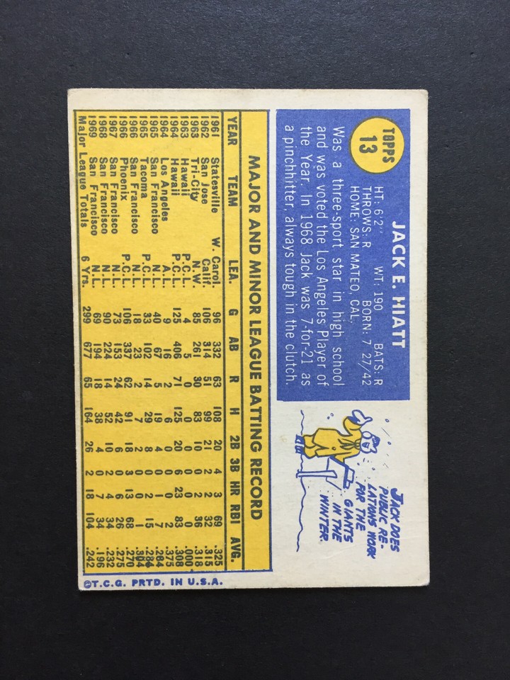 Jack Hiatt Giants signed 1970 Topps baseball card #13 Auto Autograph 5 ...
