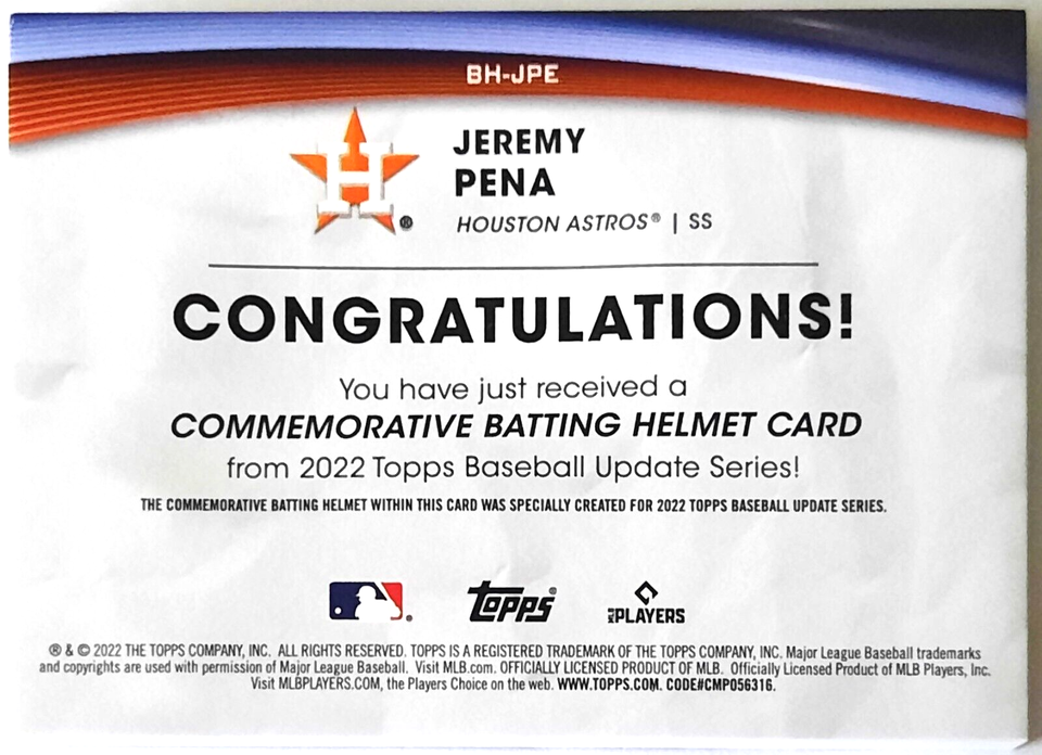 Jeremy Pena 2022 Topps Commemorative Helmet Card #BH-JP - Houston ...