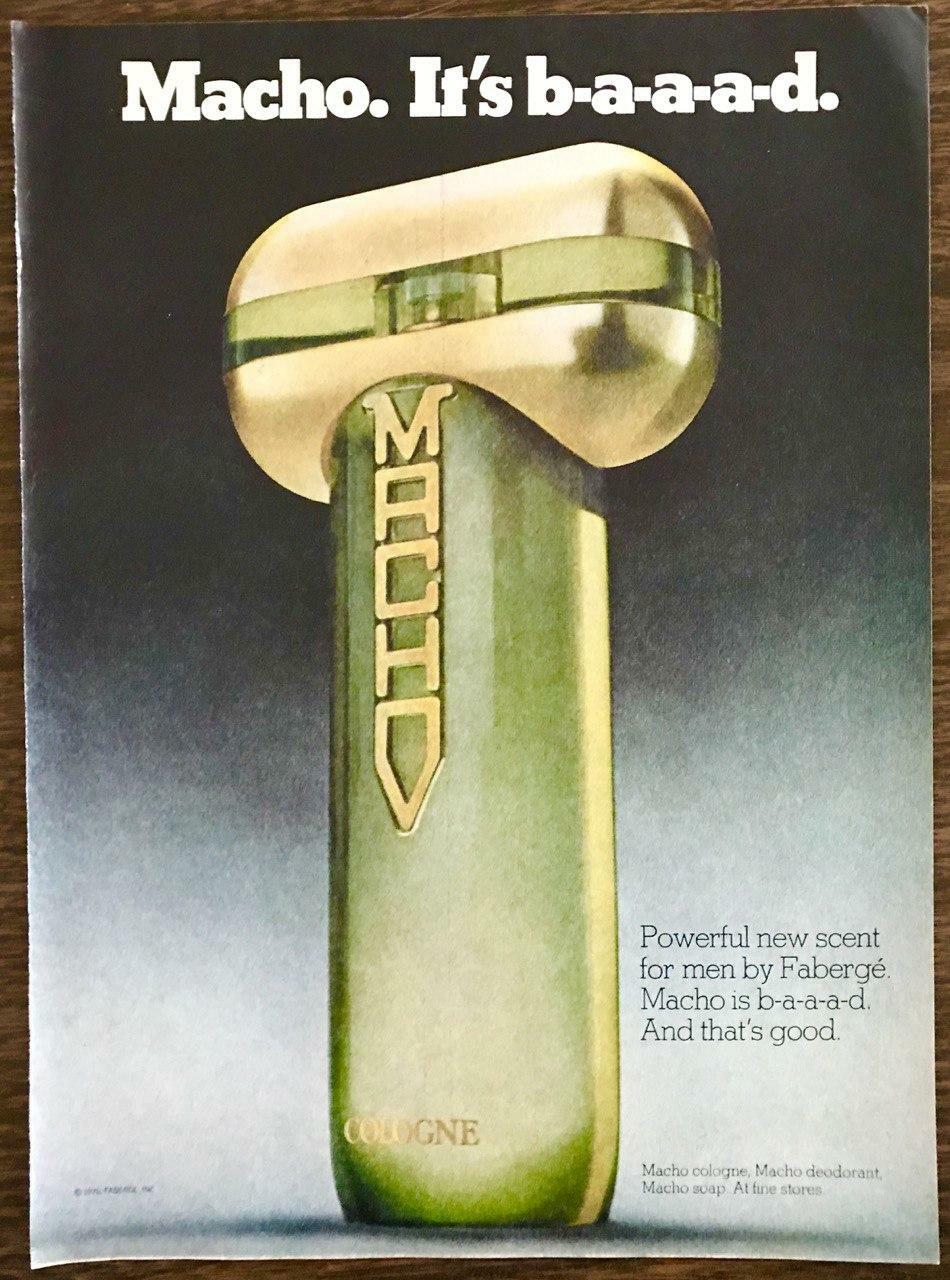 1976 Faberge Macho Cologne PRINT AD Macho is B-a-a-a-d And That's Good ...