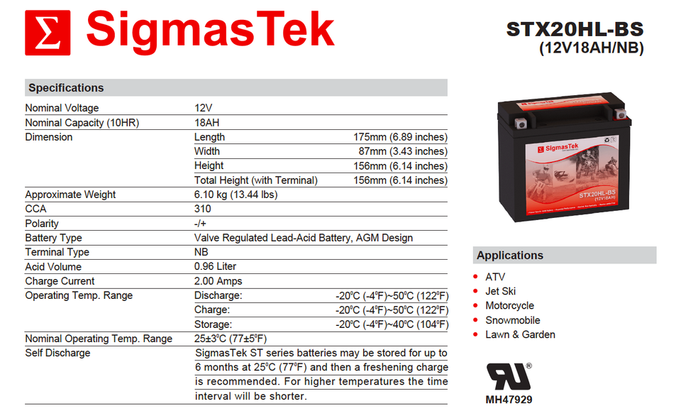 STX20HL-BS SLA Battery - BRP(Sea-Doo) GTI,GTR,GTS,GTX,RXT,RXP,WAKE ...