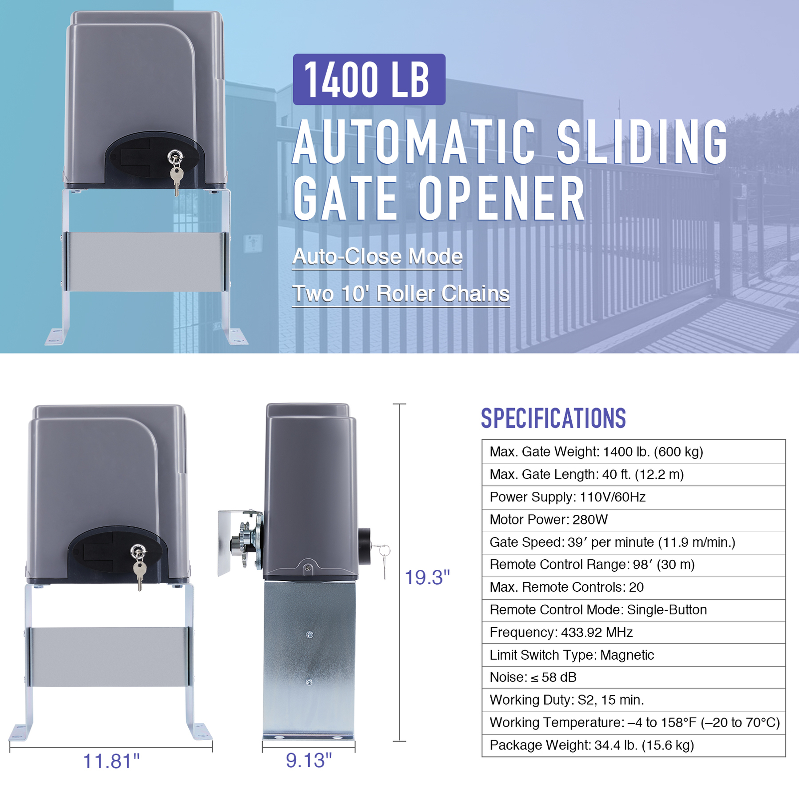 1400lbs Sliding Gate Opener Electric Operator w/Remote Control ...