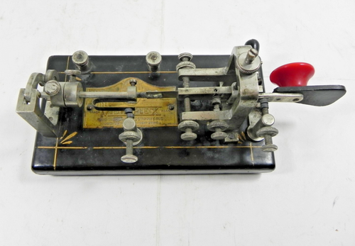 VIBROPLEX BUG TELEGRAPH KEY, HEAVY METAL BASE, RED BUTTON, BRASS LABEL ...