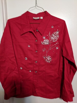 QUACKER FACTORY WOMANS DENIM SHIRT BUTTON UP BEADED PEARLS LONG SLEEVES ...