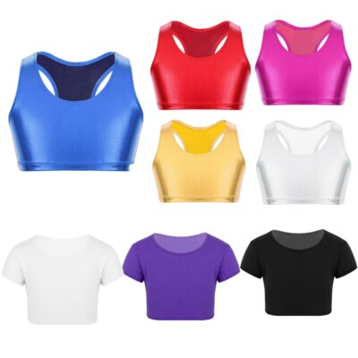 Kids Girls Plain Crop Top Short Sleeves T Shirt Belly Dance Sports Gym ...