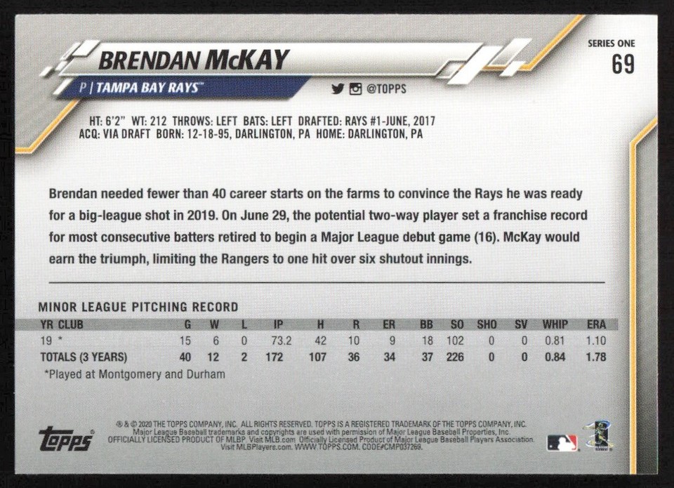 2020 Topps Baseball Brendan McKay #69 Tampa Bay Rays | eBay