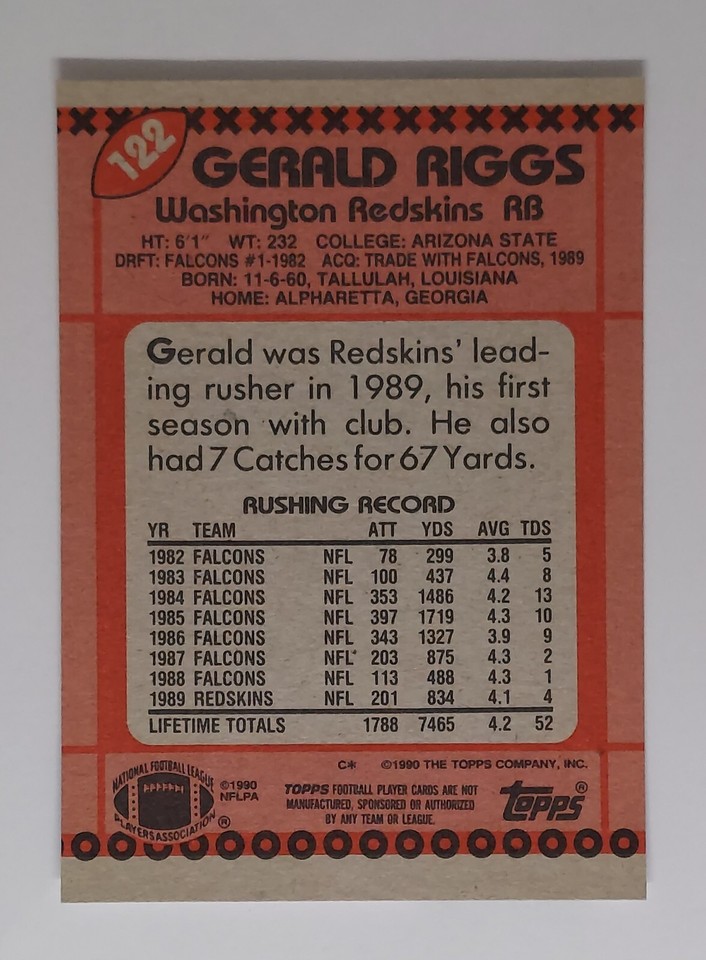 1990 Topps Football #122 Gerald Riggs Washington Redskins Football Card ...