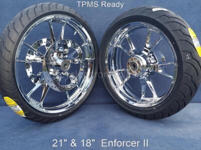 Harley Chrome 21" F 18" R Enforcer II Wheels Dunlop Tire Rotor 9-23 ...